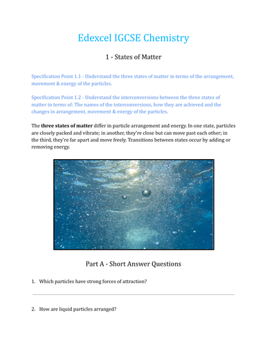 Edexcel IGCSE Chemistry Worksheets Chapter 1 - Particles and Mixtures ...