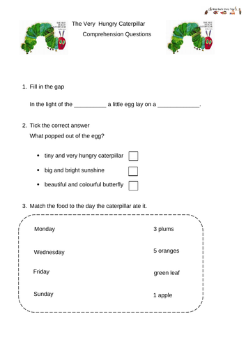 The Very Hungry Caterpillar- Comprehension | Teaching Resources