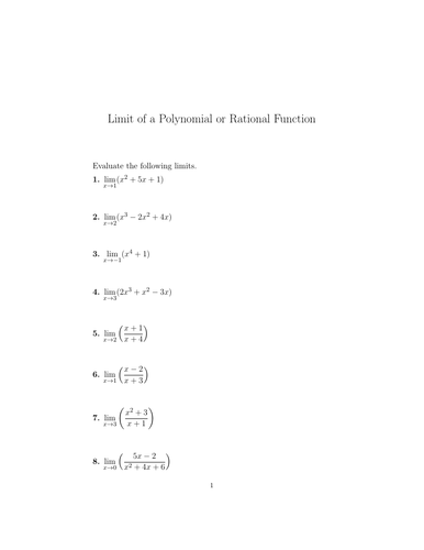 Limit of a Polynomial or Rational Function Worksheet (with solutions ...