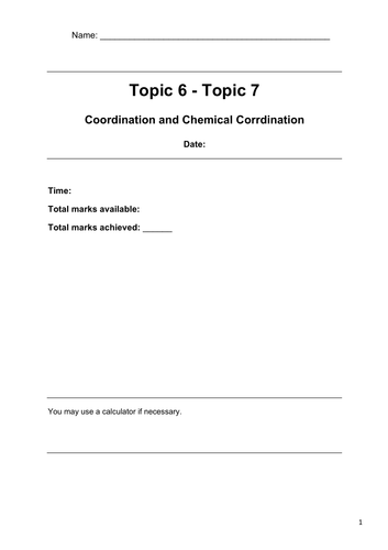 Topic 6 and 7 - Coordination and Chemical Coordination in Humans | Teaching Resources