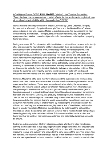 AQA Higher Drama GCSE Section C: FULL MARKS “Medea” Live Theatre Production 32 Marks | Teaching ...