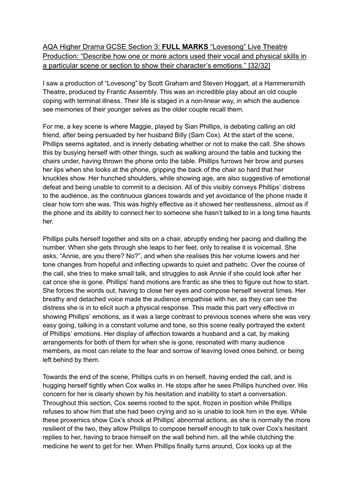 AQA Higher Drama GCSE Section C: FULL MARKS “Lovesong” Live Theatre Production | Teaching Resources