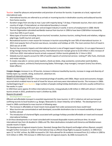 CCEA A2 Geography Tourism revision notes | Teaching Resources