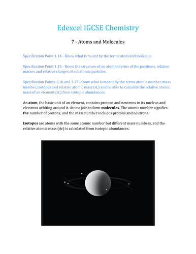Edexcel IGCSE Chemistry Lesson 7 - Atoms and Molecules | Teaching Resources