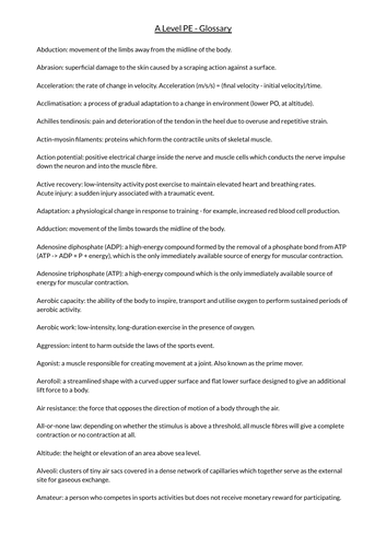 A Level OCR PE Glossary | Teaching Resources