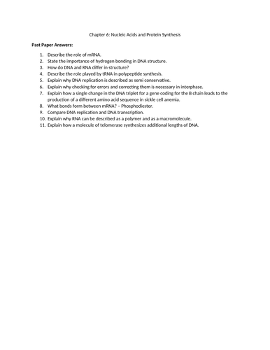 Chapters 6 (Nucleic Acids and Protein Synthesis) CIE Past Paper ...