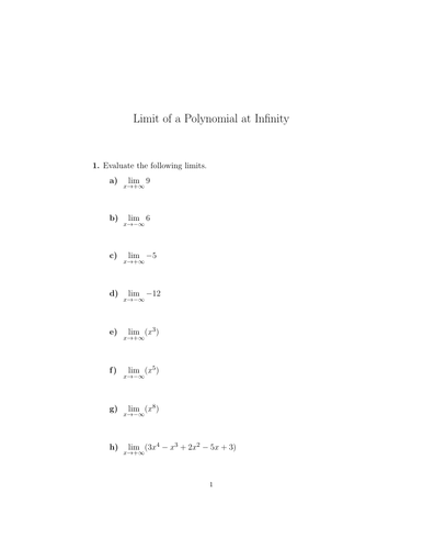 Limit of a Polynomial at Infinity Worksheet (with solutions) | Teaching ...
