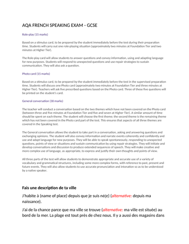 Example Questions and Answers French Speaking Exam GCSE | Teaching ...