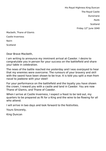 Macbeth Entry Level Letter Writing | Teaching Resources