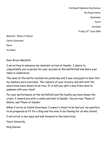 Macbeth Entry Level Letter Writing | Teaching Resources