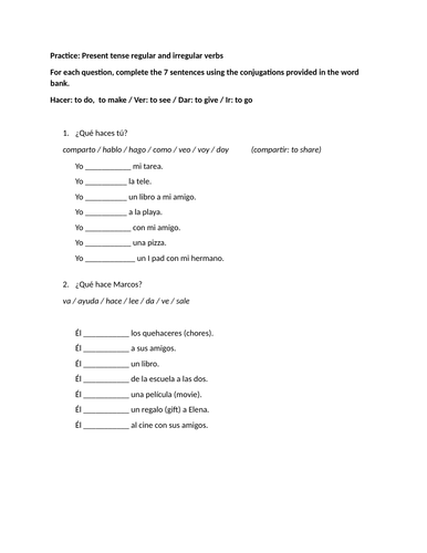 Practice: Present tense regular and irregular verbs | Teaching Resources