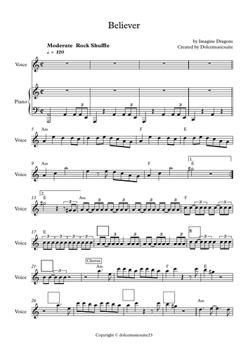 Believer - Imagine Dragons Lead Sheet with easy chord | Teaching Resources