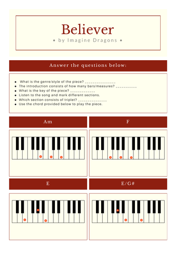 Believer - Imagine Dragons Lead Sheet with easy chord | Teaching Resources