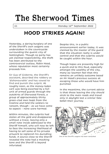 Robin Hood Newspaper and Comprehension | Teaching Resources