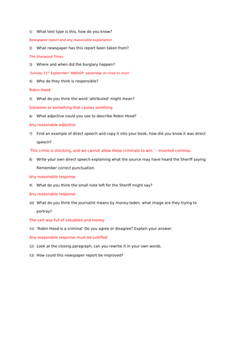 Robin Hood Newspaper and Comprehension | Teaching Resources