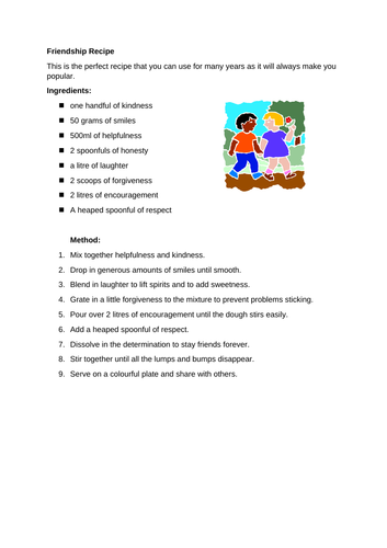 Friendship recipe- Retrieval | Teaching Resources