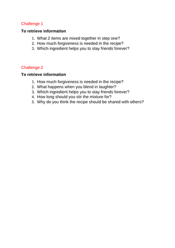 Friendship recipe- Retrieval | Teaching Resources