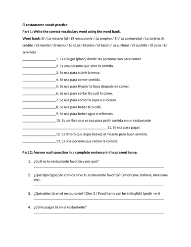 El restaurante vocab practice | Teaching Resources