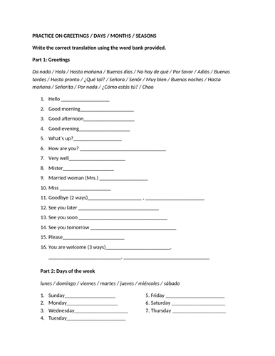 Practice on greetings / days / months / seasons (Spanish) | Teaching ...