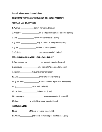 Preterit all verbs practice worksheet | Teaching Resources