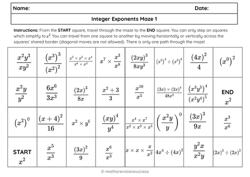 Integer Exponents (Indices) Maze Activity | Teaching Resources