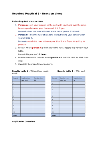Reaction time - AQA RPA 6 Ruler-drop test | Teaching Resources