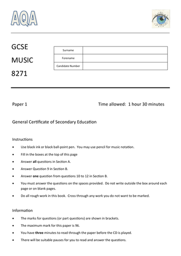 Practice Exam Paper 1 for AQA GCSE Music 2023-24 | Teaching Resources