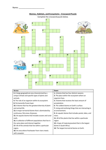 Biomes, Habitats, and Ecosystems - Crossword Puzzle Worksheet Activity ...