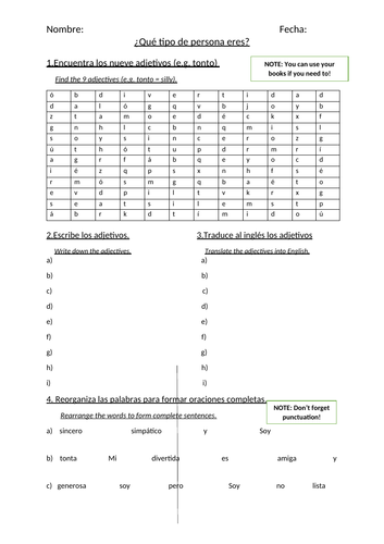 Qué tipo de persona eres? Adjectives Worksheet (answers included ...