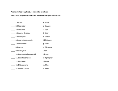 Practice: School supplies (Los materiales escolares) Matching and fill ...