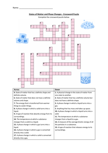 States of Matter and Phase Changes - Crossword Puzzle Worksheet ...