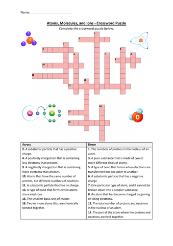 Atoms, Molecules, and Ions - Crossword Puzzle Worksheet (Printable ...