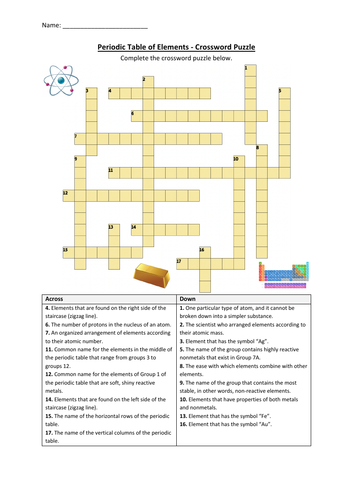 Periodic Table of Elements - Crossword Puzzle Worksheet Activity ...