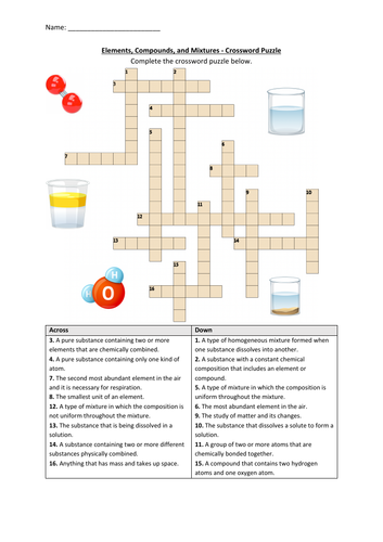 Elements, Compounds, and Mixtures - Crossword Puzzle Worksheet Activity ...
