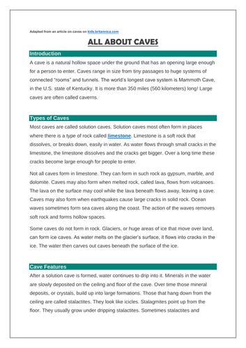 All About Caves - KS2 Non-Fiction Reading Comprehension! | Teaching ...