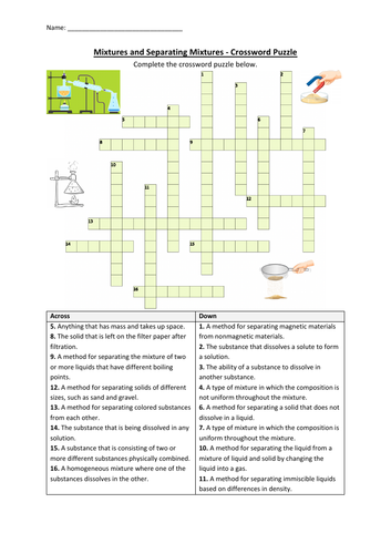 Mixtures and Separating Mixtures - Crossword Puzzle Worksheet Activity ...