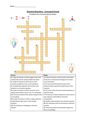 Chemical Reactions - Crossword Puzzle Worksheet Activity (Printable ...