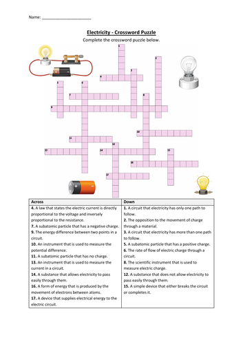 Electricity - Crossword Puzzle Worksheet Activity (Printable ...