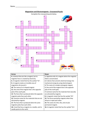 Magnetism and Electromagnets - Crossword Puzzle Worksheet Activity ...