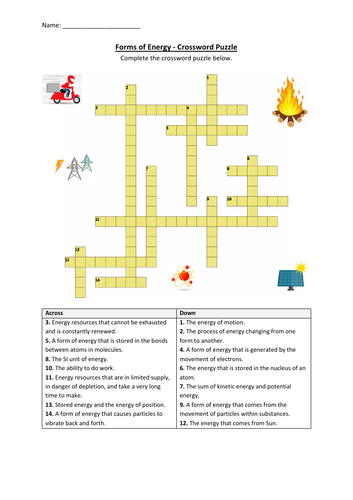 Forms of Energy - Crossword Puzzle Worksheet Activity (Printable ...