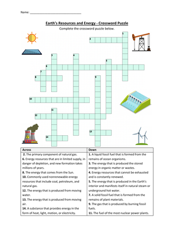 Earth’s Resources and Energy - Crossword Puzzle Worksheet Activity ...