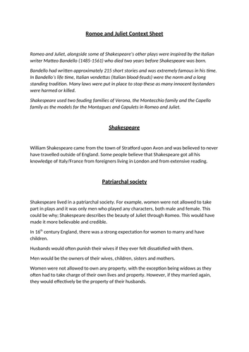 Romeo and Juliet- Context sheet | Teaching Resources