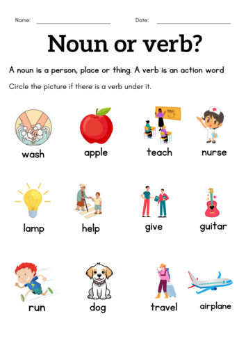 Noun and verb worksheet for class 1 2 3 - 1st grade noun verb sentences ...