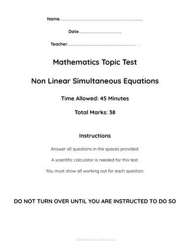 Non-Linear Simultaneous Equations Topic Test (GCSE/IGCSE) | Teaching ... Non-Linear Simultaneous Equations Topic Test (GCSE/IGCSE) | Teaching ...
