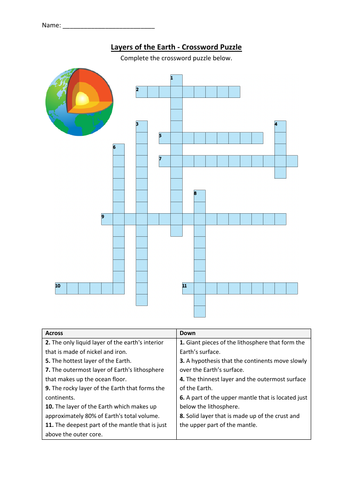 Layers of the Earth - Crossword Puzzle Worksheet Activity (Printable ...