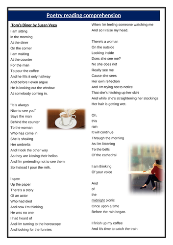 Tom's Diner Poetry reading comprehension KS2 KS3 Year 5 6 7 SATs style ...