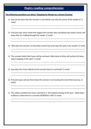 Poetry reading comprehension Robert Frost Stopping by woods on a snowy ...