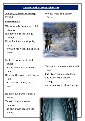 Poetry reading comprehension Robert Frost Stopping by woods on a snowy ...