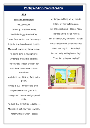 KS2 poetry reading comprehension "Sick" by Shel Silverstein SATs style ...