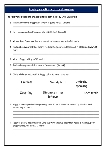 KS2 poetry reading comprehension "Sick" by Shel Silverstein SATs style ...